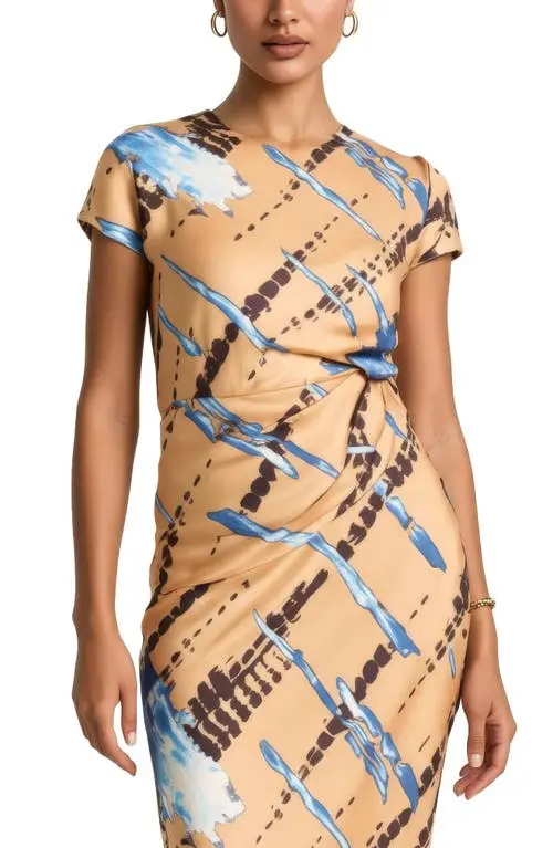 AREA STARS Avery Print Draped Satin Dress - Tan Abstract