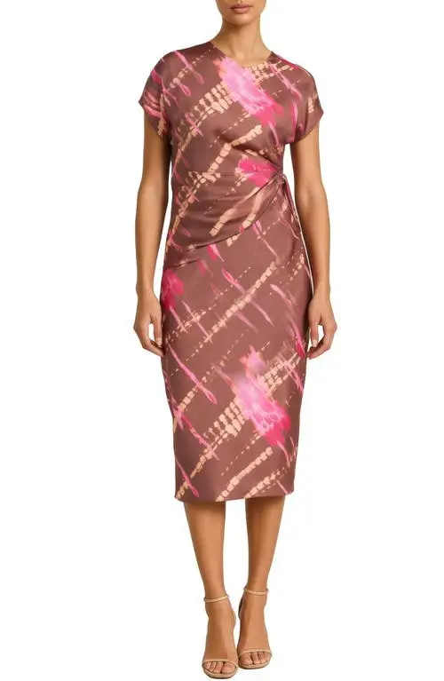 AREA STARS Avery Print Draped Satin Dress - Tan Abstract