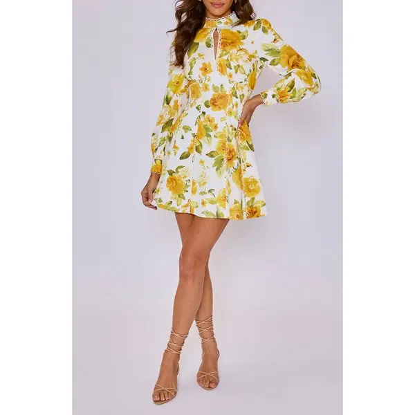 VICI Floral Print Mini Dress - Ivory Yellow