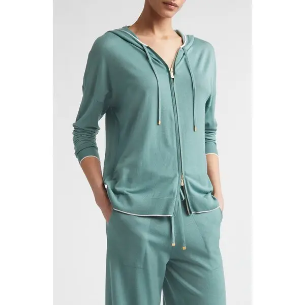 Eleventy Avalon Travel Merino Wool Full Zip Hoodie - White/jade