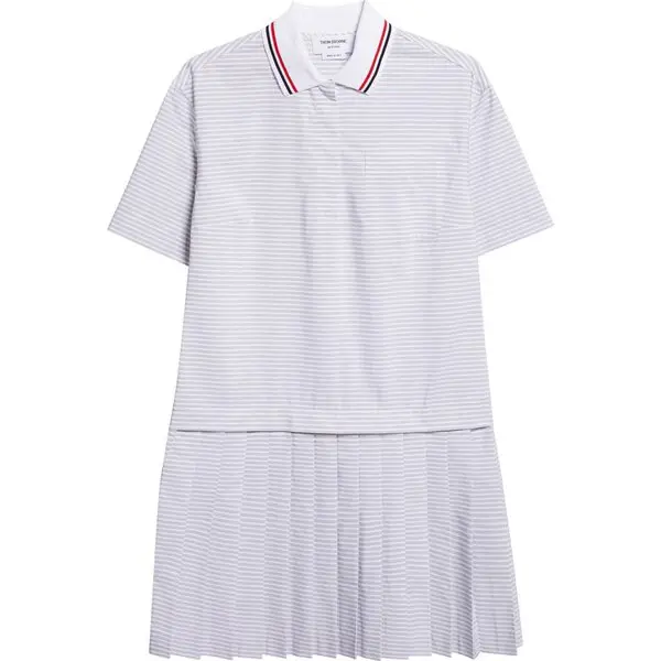 Thom Browne Stripe Pleated Cotton Polo Shirtdress - Med Grey