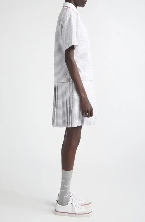 Thom Browne Stripe Pleated Cotton Polo Shirtdress