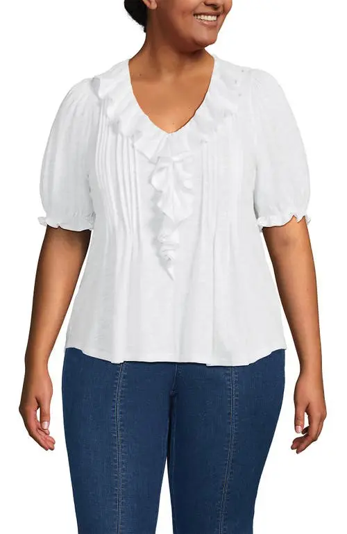 LANDS' END Puff Sleeve Slub Ruffle Pintuck Top - White
