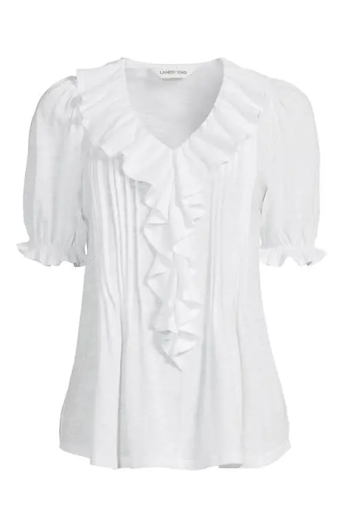 LANDS' END Puff Sleeve Slub Ruffle Pintuck Top - White