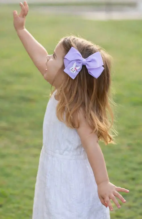 BITS & BOWS Bunny Embroidery Hair Bow - Lavender