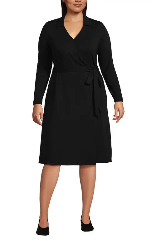 LANDS' END Cotton Modal Collared Wrap Midi Dress - Black