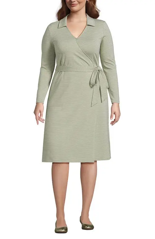 LANDS' END Cotton Modal Collared Wrap Dress - Sage Thin Stripe