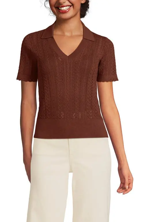 LANDS' END Fine Gauge Cotton Pointelle Polo Sweater - Earthen Clay