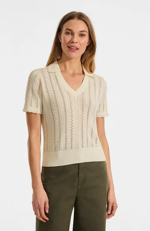 LANDS' END Fine Gauge Cotton Pointelle Polo Sweater - Fresh Ivory