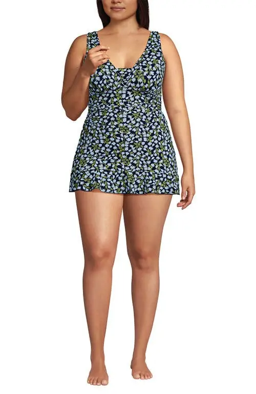 LANDS' END Slendersuit Grecian Mini Swim Dress - Navy Mini Bloom Floral