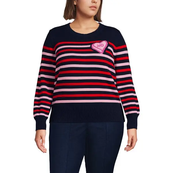 LANDS' END Drifter Set In Sleeve Crew Neck Sweater - Candy Heart/navy/red Stripe