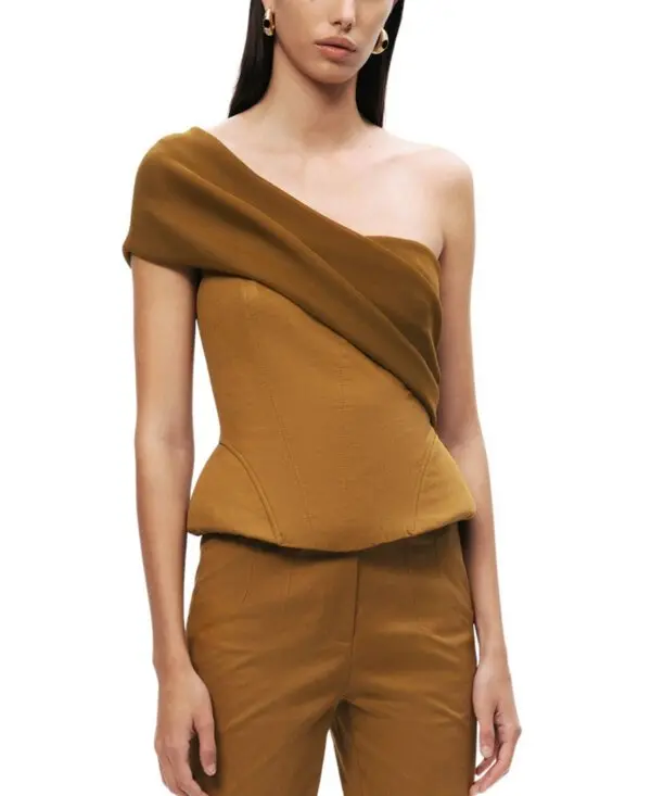 NOCTURNE One-shoulder Draped Gabardine Bustier - Camel