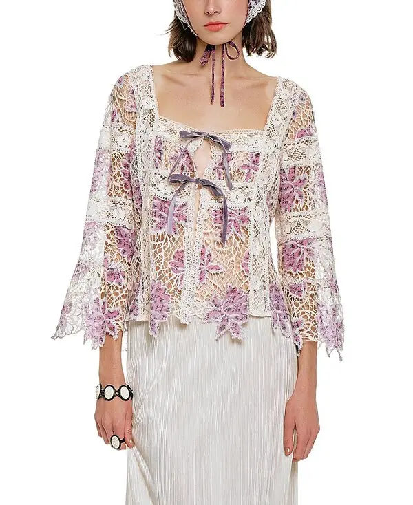 Anna Sui Medallion Floral Lace Tie Blouse