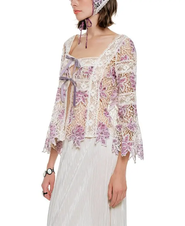 Anna Sui Medallion Floral Lace Tie Blouse