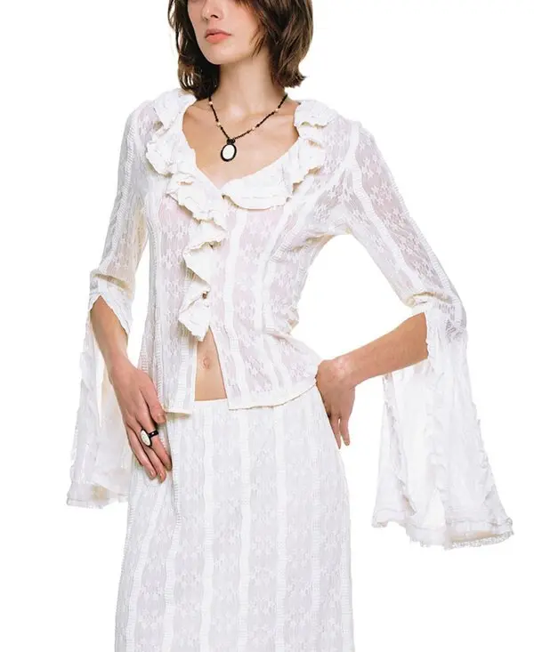 Anna Sui Floral Ruffle Stretch Lace Blouse