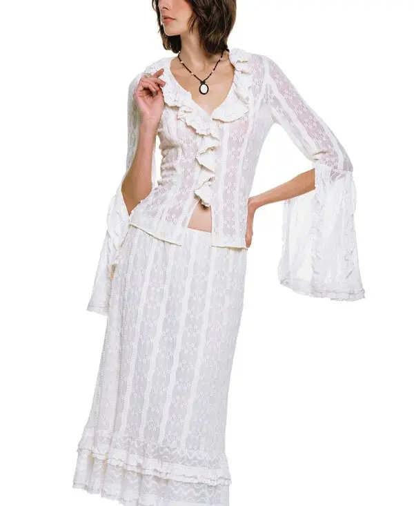 Anna Sui Floral Ruffle Stretch Lace Blouse