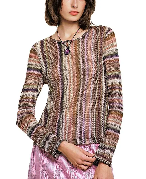Anna Sui Wavy Chevron Knit Long Sleeve Stripe Top