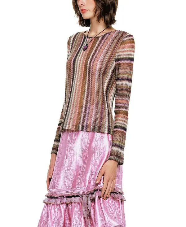 Anna Sui Wavy Chevron Knit Long Sleeve Stripe Top