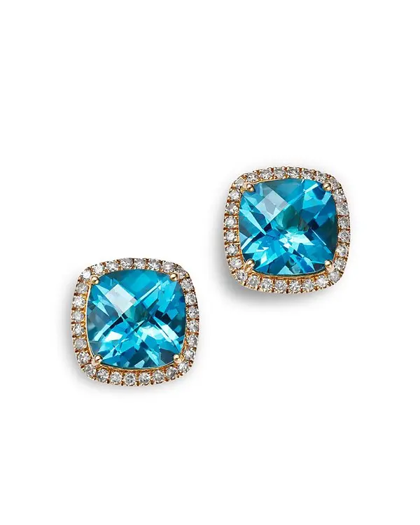 Bloomingdale'S Blue Topaz & Diamond Cushion Halo Stud Earrings In 14k Yellow Gold - Blue/gold