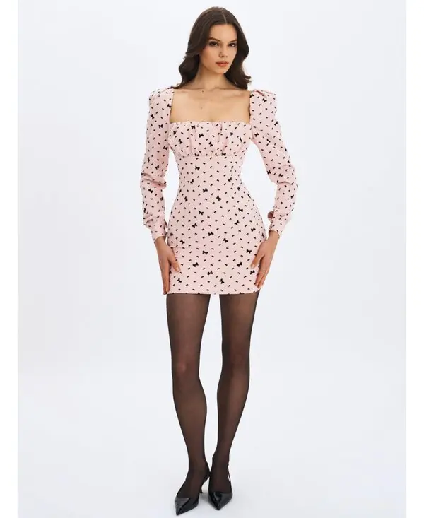 MISS CIRCLE NEW YORK Perla Velvet-embossed Mini Dress With Bow Detail - Pink