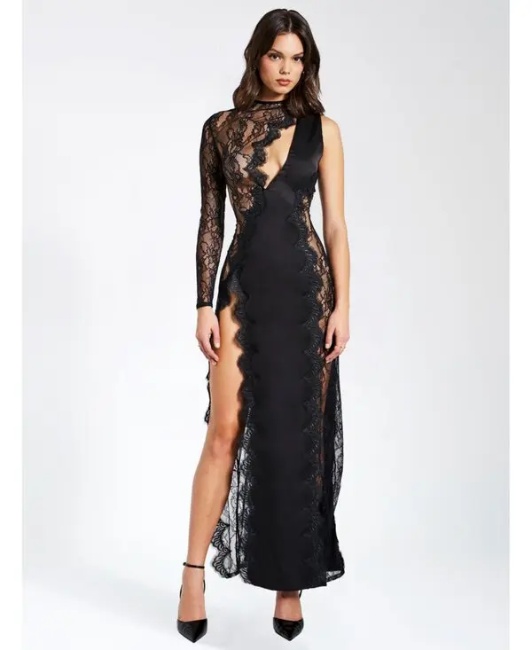 Miss Circle Weslyn Satin Lace High Slit Dress In Black - 40% Off |  Editorialist
