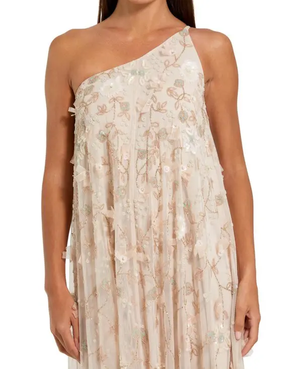 Mac Duggal Floral Embellished Mesh One Shoulder Kaftan Gown