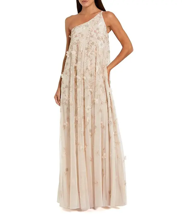 Mac Duggal Floral Embellished Mesh One Shoulder Kaftan Gown - Vanilla