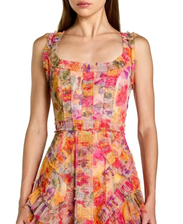 Mac Duggal Floral Scoop Neck A-line Ruffle Midi Dress