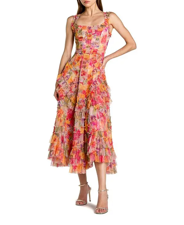 Mac Duggal Floral Scoop Neck A-line Ruffle Midi Dress - Multi