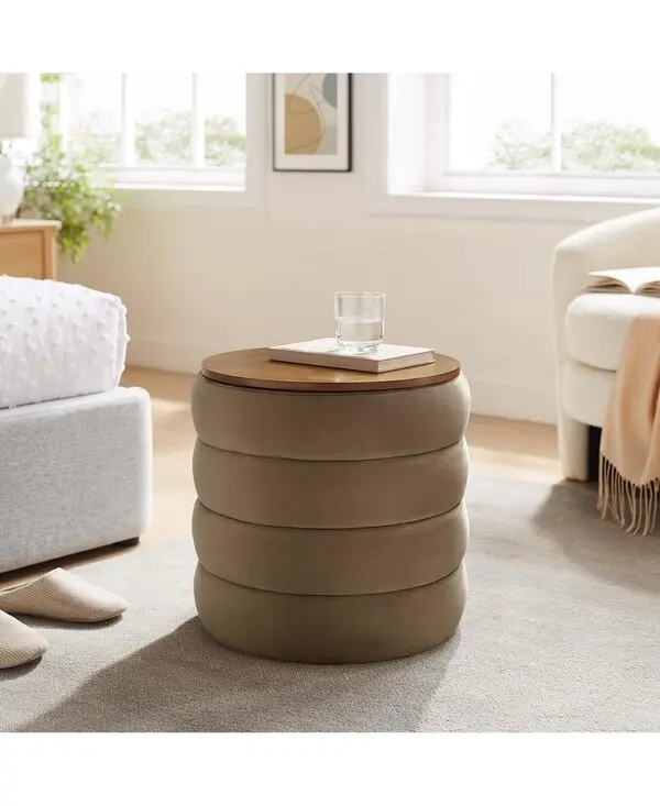 MODWAY Mezzo Round Performance Velvet Storage Ottoman - Taupe