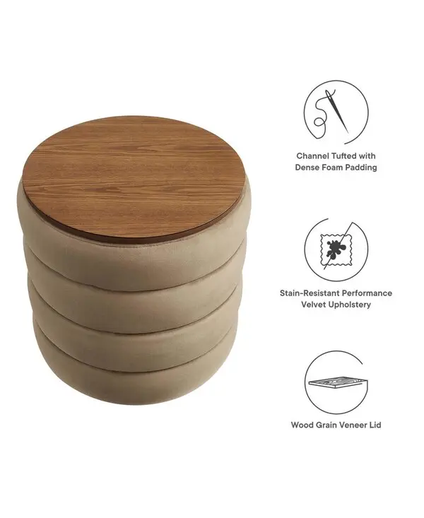 MODWAY Mezzo Round Performance Velvet Storage Ottoman - Taupe