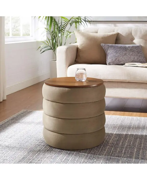 MODWAY Mezzo Round Performance Velvet Storage Ottoman - Taupe
