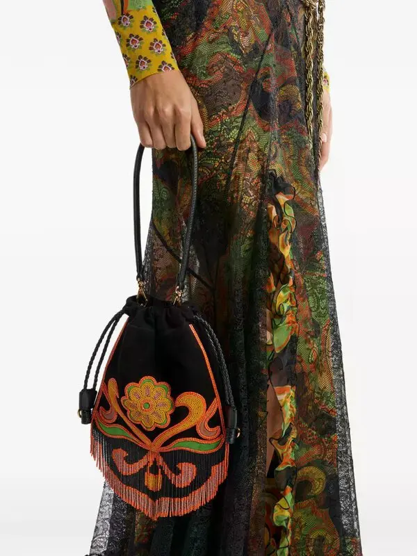 Etro Small Suede Kalispera Bag With Beaded Embroidery And Fringe - Black