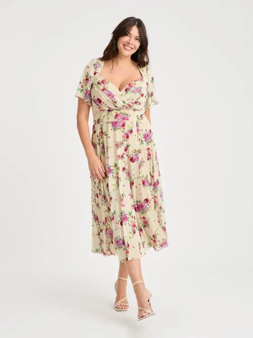 SCARLETT & JO Liz Floral Bolero Wrap Bodice Midi Dress - Vintage Cream Rose
