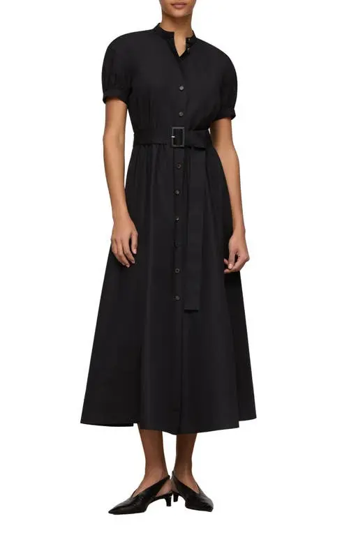 Lafayette 148 New York Puff Sleeve Belted Cotton Poplin Shirt Dress - Black