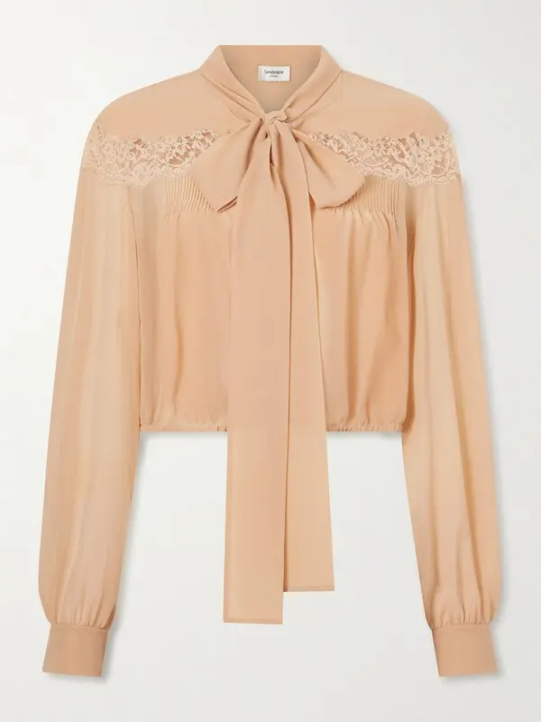 Saint Laurent Cropped Lace-trimmed Silk Blouse - Orange