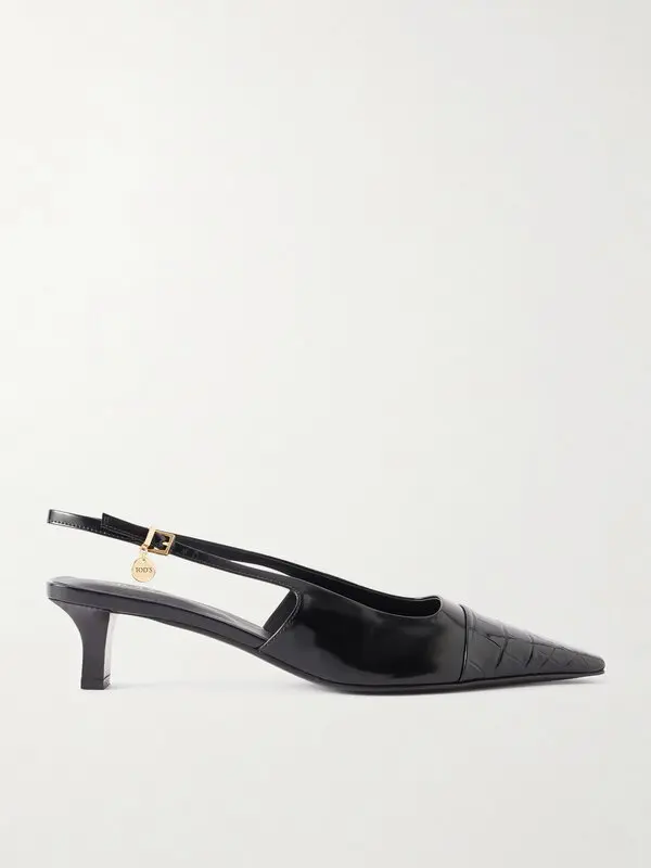 TOD'S Embellished Croc-effect Leather Slingback Pumps - Black