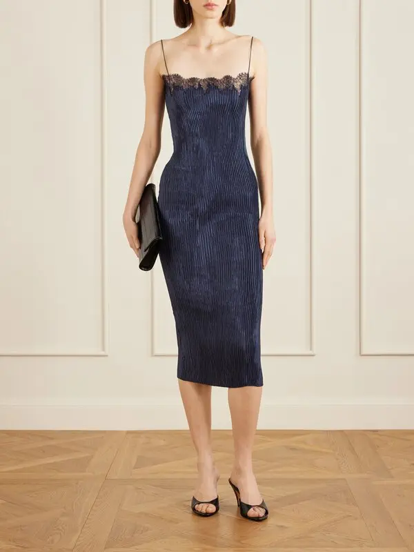 FFORME Lumi Lace-trimmed Plissé Midi Dress - Blue