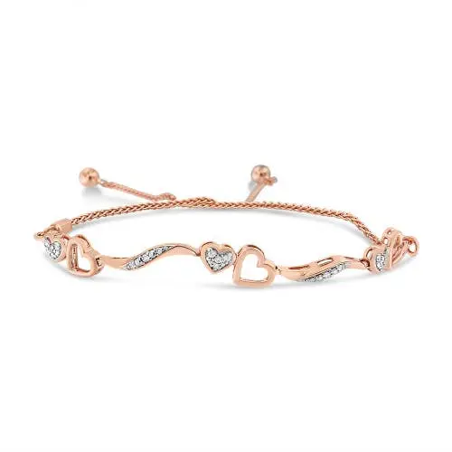 HAUS OF BRILLIANCE Silver 1/10 Cttw Diamond Wave And Hearts Adjustable Bolo Bracelet - Rose Gold Over Silver