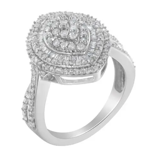 HAUS OF BRILLIANCE Sterling 1.00 Cttw Round And Baguette Diamond Marquise Cluster Halo Ring - Silver
