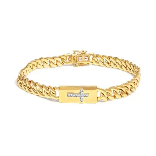 HAUS OF BRILLIANCE 14k Yellow Gold Plated Silver Diamond Cross Cuban Link Bracelet - Yellow Gold Over Silver