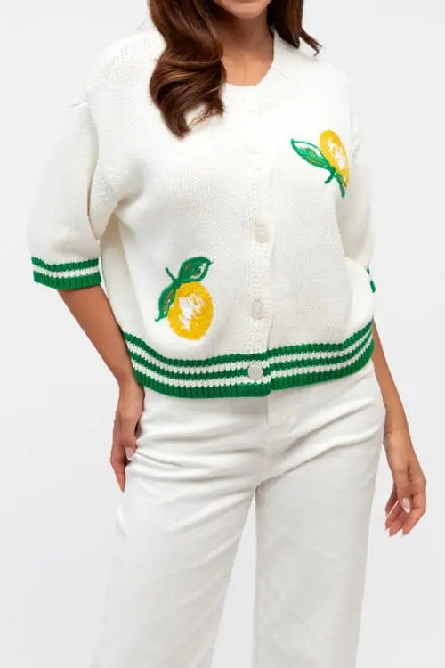 LABEL OF LOVE Embroidered Lemon Cardigan - White