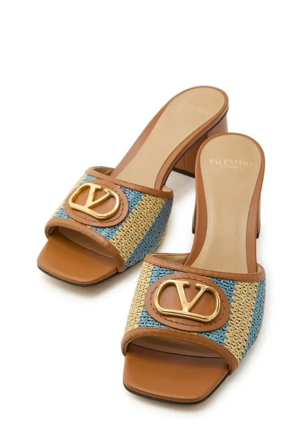 Valentino Garavani 60 Striped Raffia Leather Mules