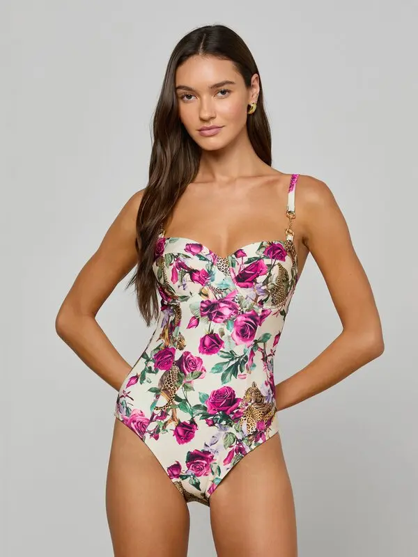 L'Agence Amie Bandeau One-piece Swimsuit - Ivory/rose Leopard Jungle