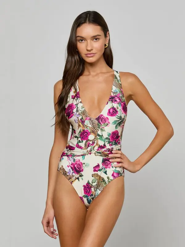 L'Agence Lisa Plunge One-piece Swimsuit - Ivory/rose Leopard Jungle