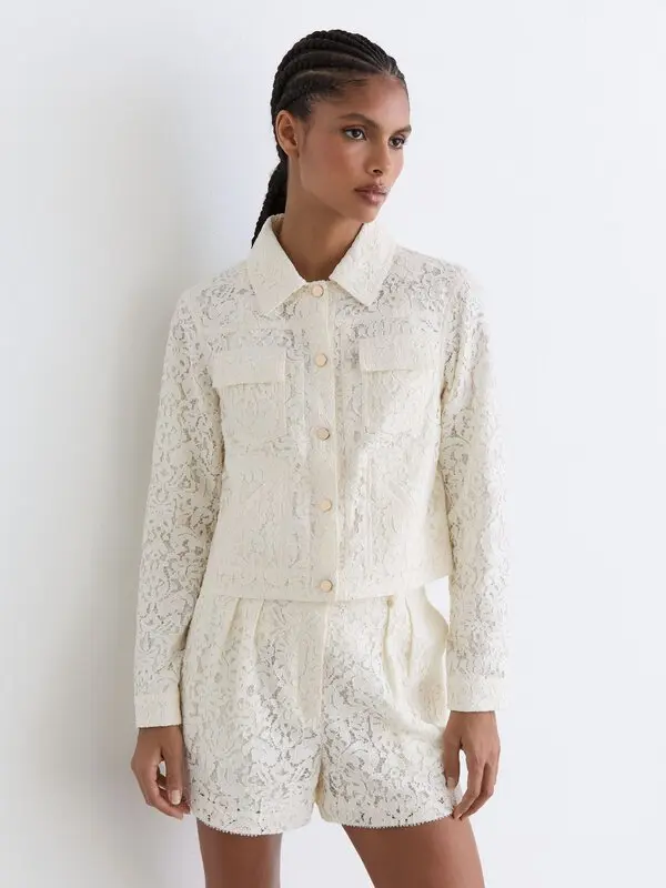 REISS Lori Collared Lace Press-stud Jacket