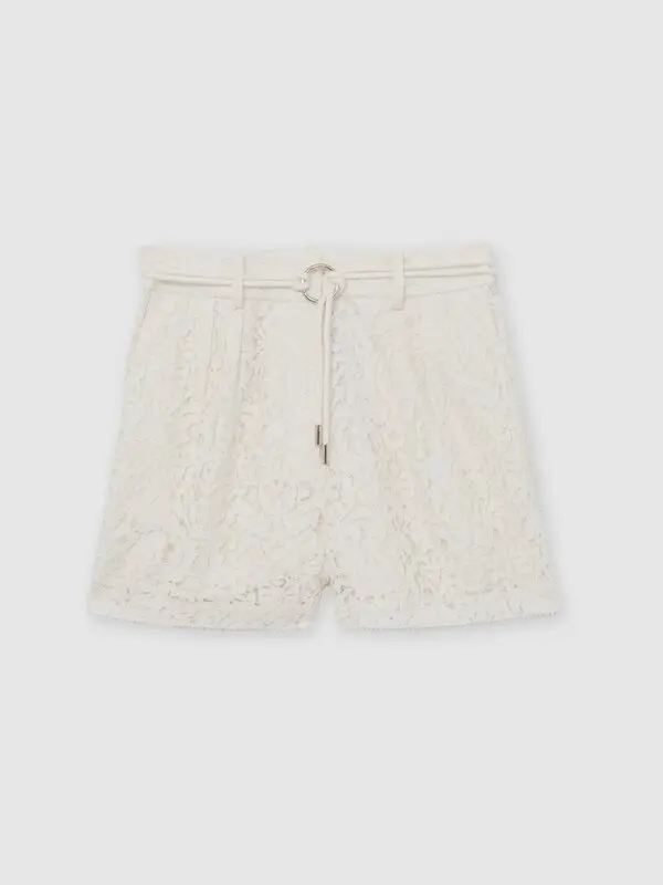 REISS Lori Lace Shorts With Rope Belt - White