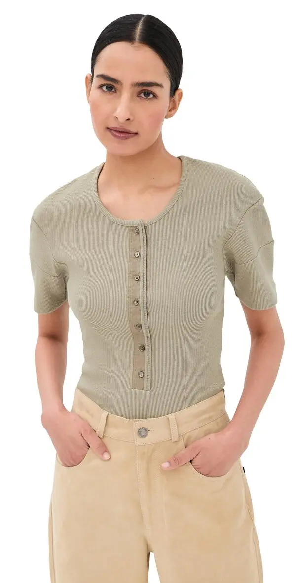 LEMAIRE Fitted Henley Short Sleeve Top - Sage