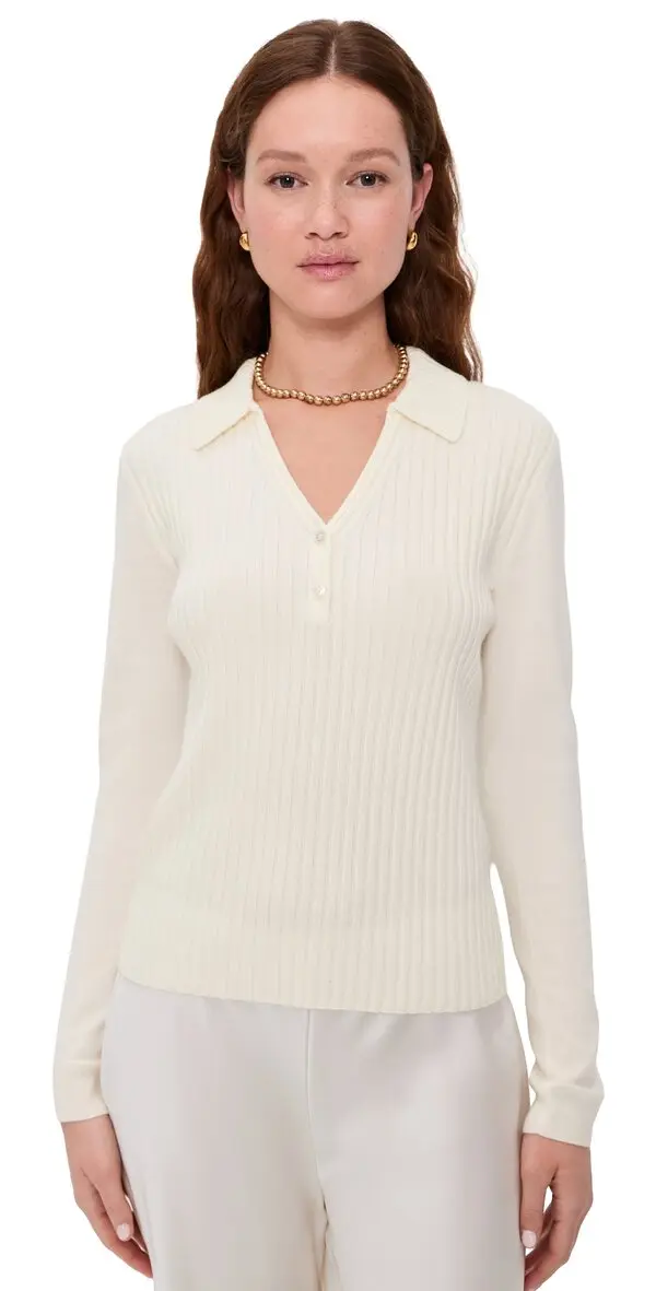 Theory Front Rib Collared Long Sleeve Top - New Ivory