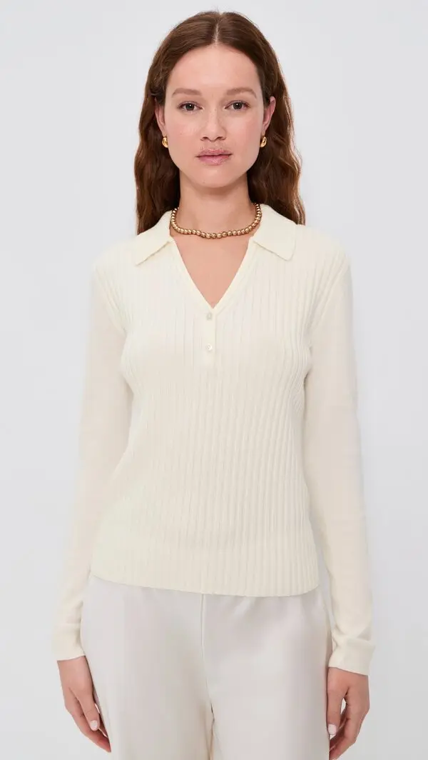 Theory Front Rib Collared Long Sleeve Top